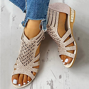 Wedge Sandal for Women Ankle Strap Flatform Arch Support Fish Mouth Toe Retro Platform Shoes Non-Slip Breathable Cushion Wide Sparkle Sparkly Glitter Hollowed out Back Zipper Rhinestone H32-Beige