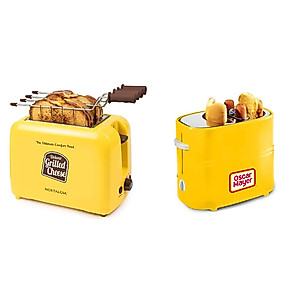Nostalgia GCT2 Deluxe Grilled Cheese Sandwich Toaster with Extra Wide Slots, Yellow & Oscar Mayer 2 Slot Hot Dog and Bun Toaster with Mini Tongs, Hot Dog Toaster Works, Yellow