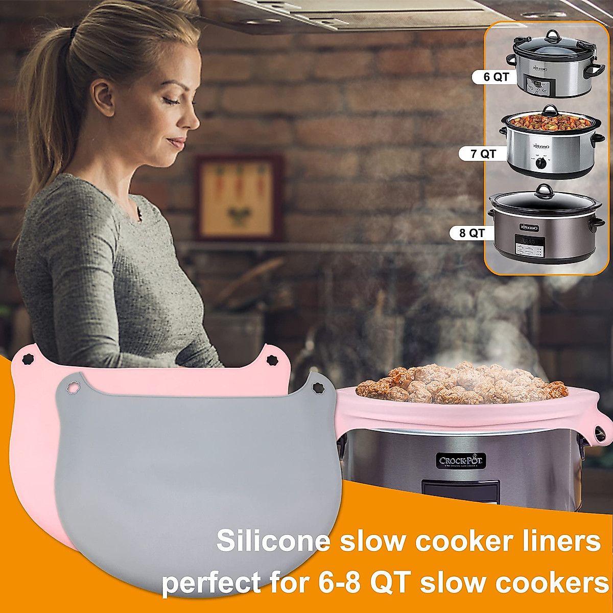 EANLOLY 4 Pack of Silicone Slow Cooker Liners, Leakproof & Easy Clean Crock Pot Liners Reusable Silicone Bags Liners Fit 6-8 Quarts Oval or Round Pot