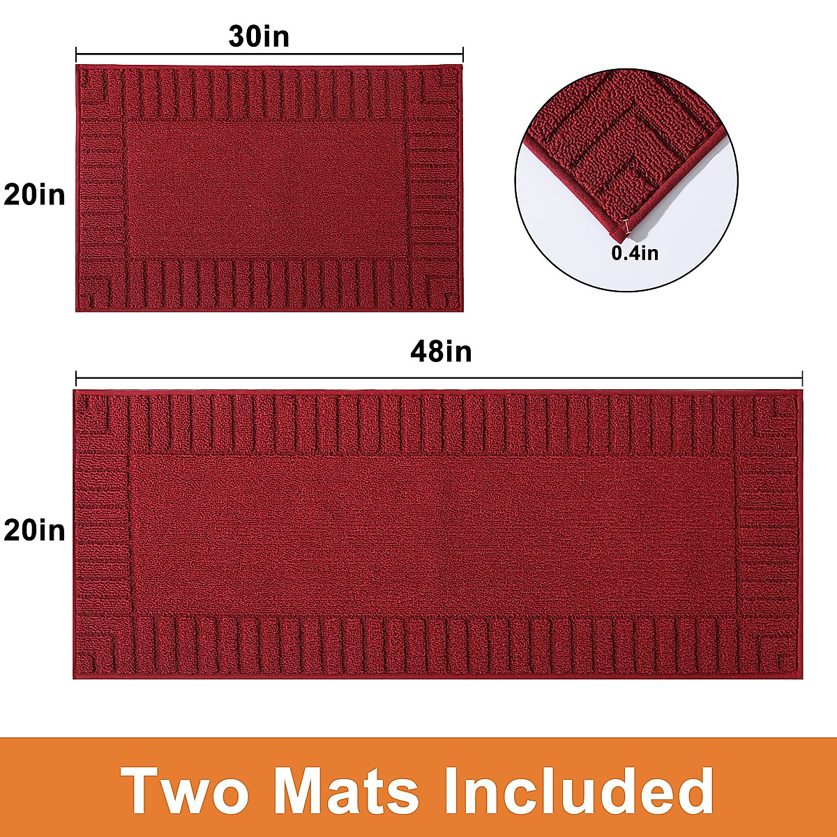 BEQHAUSE-Kitchen-Rugs-and-Mats [2PCS] Non Slip Kitchen Mats for Floor,Machine Washable Burgundy Red Kitchen Rugs,Polypropylene Kitchen Floor Mat with TPR Backing 20x30inch/20x48inch