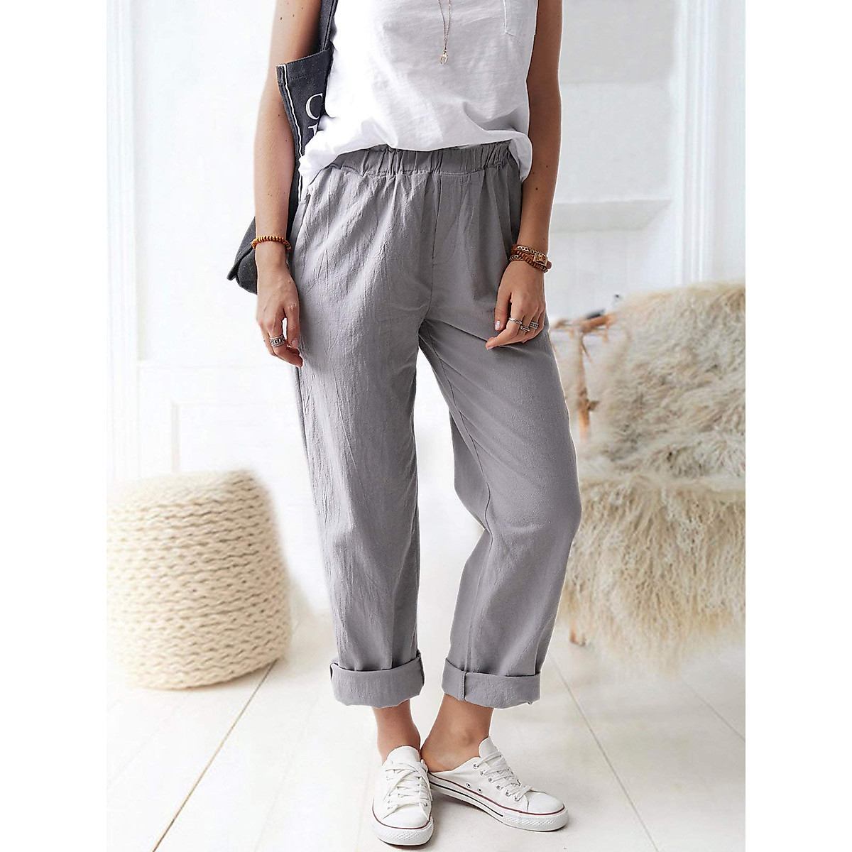 Women's Straight Pants Elastic Waist Trousers Casual lounge pants women for Work with Pockets Khaki