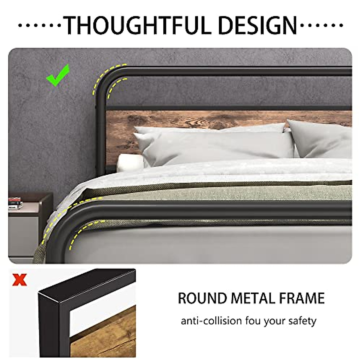 Albearing Queen Size Bed Frame with Wooden Headboard and Footboard, Heavy Duty Oval-Shaped Platform Bed with Under-Bed Storage, Steel Slats Mattress Foundation Round Pipe Design，Brown