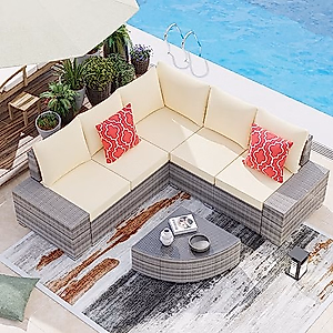 6 Pieces Patio Furniture Sets Outdoor Couch, Modular Rattan Outdoor Sectional Sofa Patio Set, All Weather Pe Wicker Patio Conversation Sets for Lawn, Garden, Backyard, Poolside