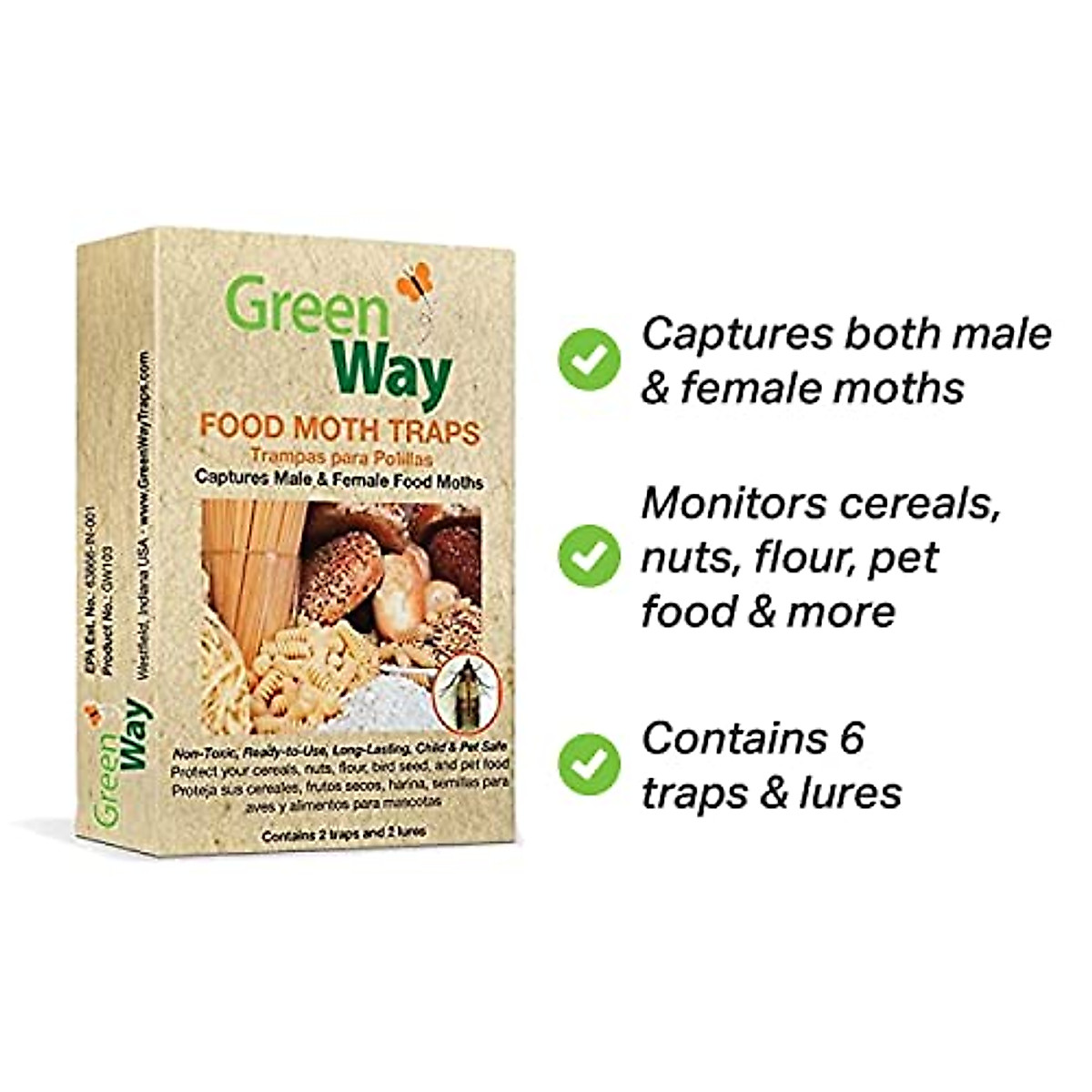 Greenway Food Moth Traps (6 Traps) - Pantry Moth Trap - Alternative to Naphthalene Balls and Moth Balls - Pheromone Attractant