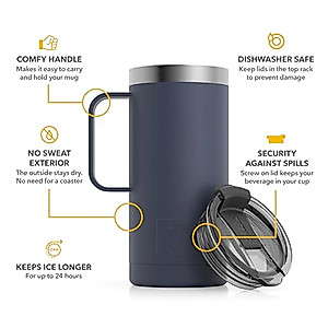 RTIC 16 oz Coffee Travel Mug with Lid and Handle, Stainless Steel Vacuum-Insulated Mugs, Leak, Spill Proof, Hot Beverage and Cold, Portable Thermal Tumbler Cup for Car, Camping, Navy, Matte