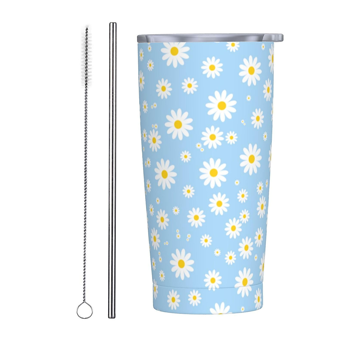 CHASOEA Daisy Tumbler 20oz Floral Flowers Stainless Steel Insulated Tumblers with Lid and Straw Blue Travel Coffee Mug Tea Wine Cups Water Bottle Daisy Gifts for Women