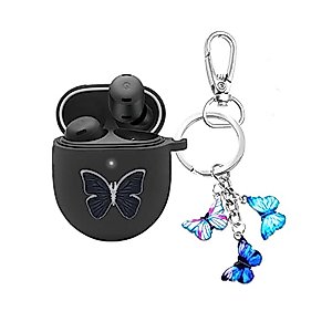 Case for Google Pixel Buds Pro Case Cover 2022, Cute Cartoon Butterfly Skin Soft Silicone Pixel Buds Pro Charging Case Earbuds Protective Cover with Keychain for Women Girl Gift (Black)