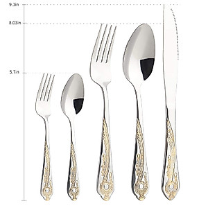 Gold Silverware Set, 20 Piece Stainless Steel Golden Flatware Set for 4, Silver Tableware Set with 24K Gold-Plated Trim, Eating Utensils, Great for Family Gatherings & Daily Use(Prestige)