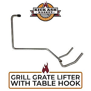 Kick Ash Basket Barbecue Grill Grate Lifter Tool with Table Hook and Handle for Charcoal and Gas Grills and Smokers, BBQ Grill Rack Lifter for Steel and Cast Iron Grill Grates, Stainless Steel