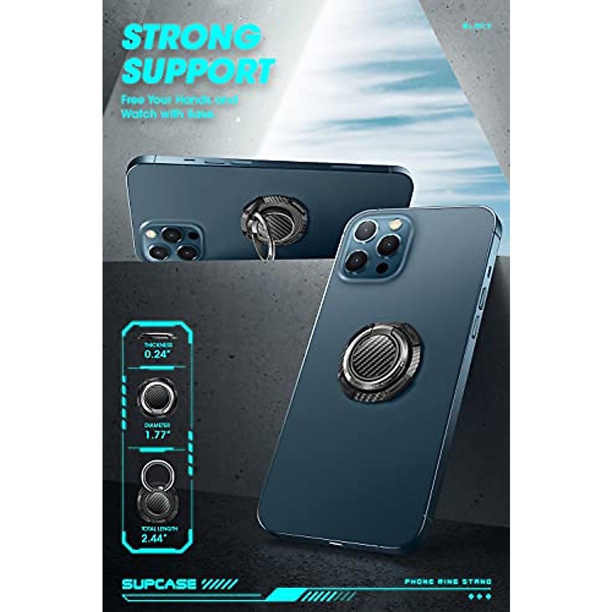 SUPCASE Cell Phone Ring Holder, 360° Rotation & 180° Flip Universal Phone Ring Stand with Metal Phone Grip Compatible for Magnetic Car Mount (Black)