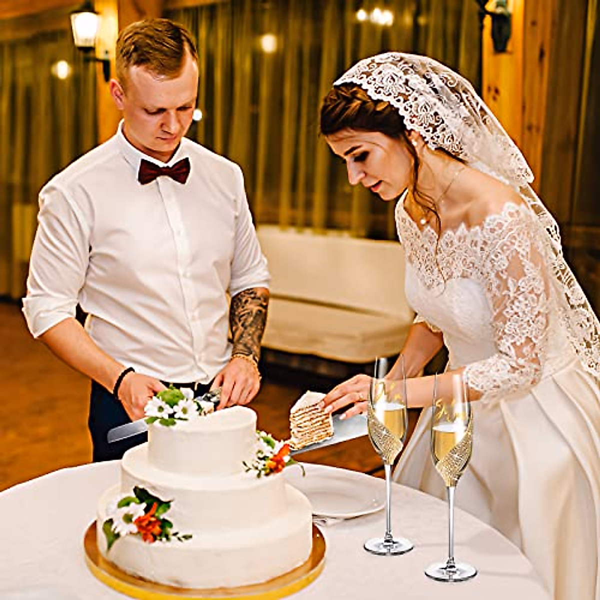 Wedding Champagne Flutes and Cake Server Set-Include Champagne Flutes Glasses, Cake Cutting Set for Wedding, Wedding Toasting Flutes, Champagne Flutes for Bride and Groom, Wedding Reception Supplies