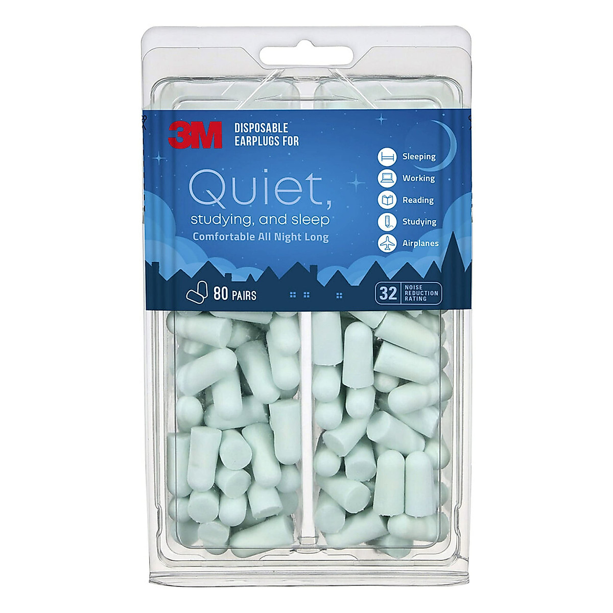 3M Disposable Earplugs for Quiet, Studying & Sleep, Light Blue, 32 NRR, 80 Pairs in a Resealable Package, Hearing Protection