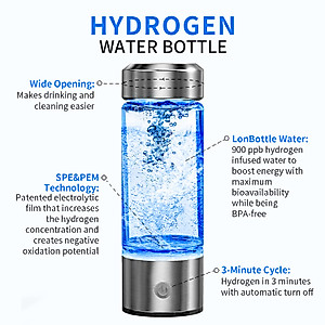 Hydrogen Water Bottle, Portable Hydrogen Water Ionizer Machine, Hydrogen Water Generator, Rechargeable Hydrogen Rich Water Glass Health Cup for Home Travel (Silvery)