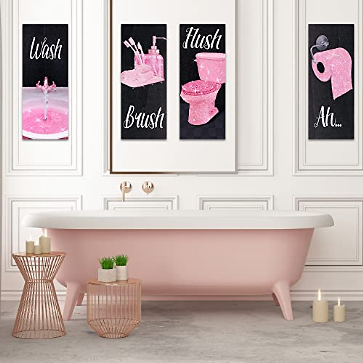Chinco 4 Pcs Women Funny Wall Art Bathroom Decor Glam Bathroom Wall Decor Black and White Glam Bathroom Wall Arts Modern Women Funny Bathroom Wood Hanging Decors for Home Bathroom (Pink,Sweet)