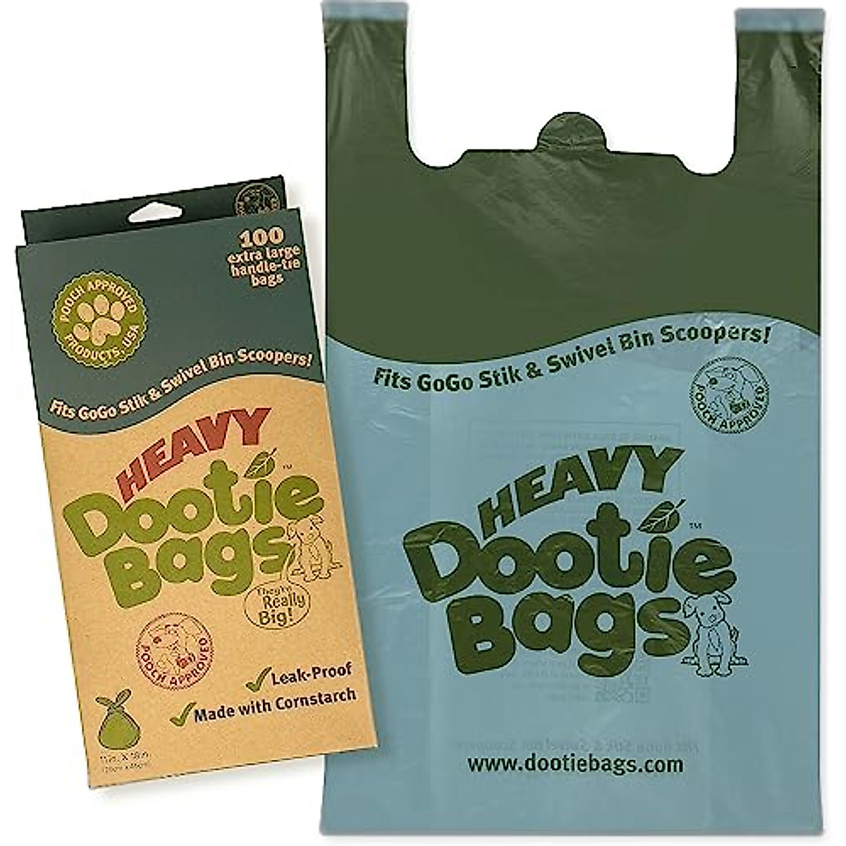 HEAVY Dootie Bags® VERY LARGE Dog and Cat Waste Poop Bags. 100 Count Strong Multi-Use, Leakproof with EZ Tie Handles and Gussets. Made with Corn Starch. Fits GoGo Stik and Swivel Bin Pooper Scoopers.