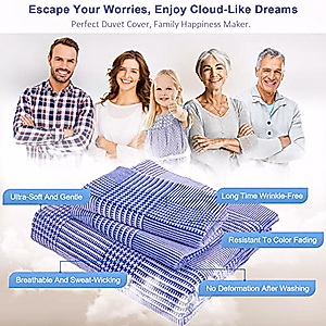 BedsPick Velvet Duvet Cover Set Full Size 3 Pieces, Navy Blue Soft Reversible Comforter Cover Sets, Plaid Striped Duvet Cover, 1 Duvet Cover 80x90 inches and 2 Pillow Sham