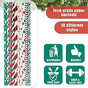 HAKSEN 125PCS Christmas Paper Straws, 10 Styles Red and Green Christmas Drinking Straws Stripes Christmas Straws for Drinks Party Wedding Favors DIY Crafts Supplies