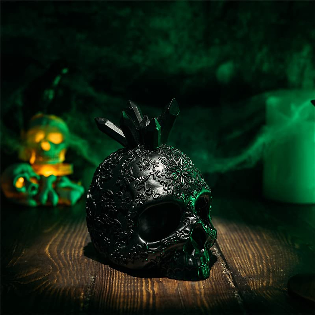 Skull﻿ Crystals Ring Holder, 3.75" H For & Year Round - Skull Decor, Goth Ring Organizer, ﻿Storage Display, Skeleton Jewelry Holder Trinket Rings Tray - Gothic & Emo Decor - Spooky Oddity