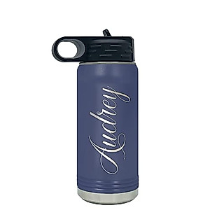 Personalized Bottle 20 oz with Straw Navy Blue Custom Laser Engraved Stainless Steel Vacuum Insulated Sport Bottle with Name