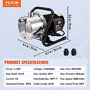 VEVOR Shallow Well Pump, 1.1 HP 115V, 978 GPH 131 ft Height, 69.6psi Max Pressure, Portable Stainless Steel Sprinkler Booster Jet Pumps for Garden Lawn Irrigation system, Lake Fountain, Water Transfer