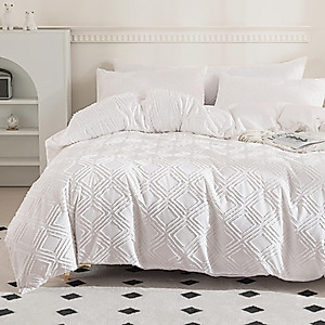 JELLYMONI Bright White Duvet Cover Full Size - 3 PCS Microfiber Tufted Duvet Cover Set, Boho Textured Duvet Cover Jacquard Rhombus Geometric Pattern Duvet Cover with Corner Ties & Zipper Closure