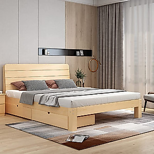 LITFAD Contemporary Pine Wood Platform Bed Natural Bed Frame with Headboard Mattress Wooden Slats Support Bed (No Box Spring Needed) - Storage Included Bed & Mattress Full-Covered, California King