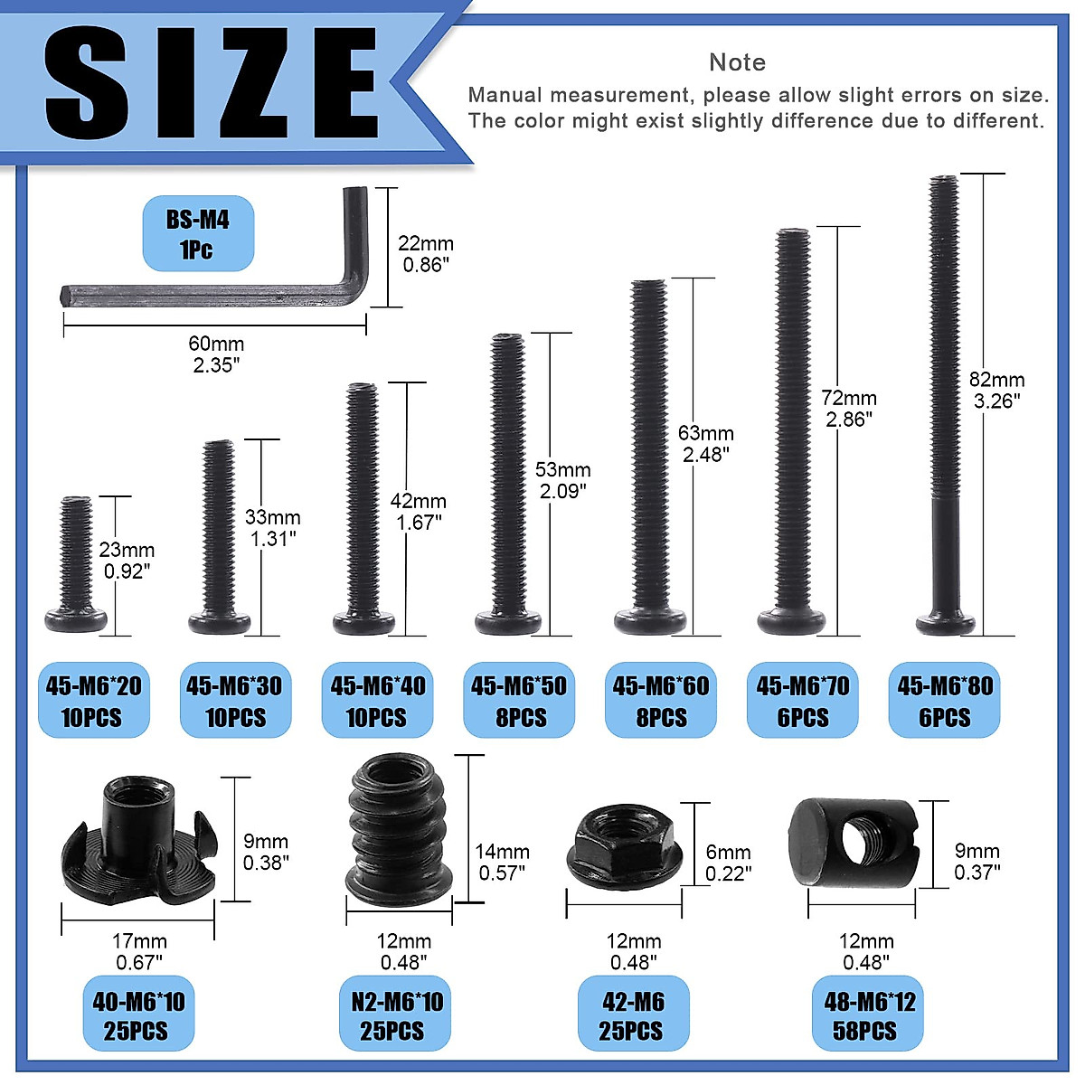 Glarks 192Pcs M6x20/30/40/50/60/70/80mm Baby Bed Crib Screws Bolts Hex Socket Head Cap Screw with Barrel Nuts, Threaded Insert Nuts, T-Nut, Flange Nut and Allen Wrench for Wood, Cabinetry, Furniture