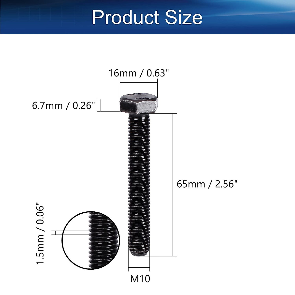 Yinpecly M10x65mm Hex Head Screw Bolts Fastener Grade 8.8 Carbon Steel Black 10pcs