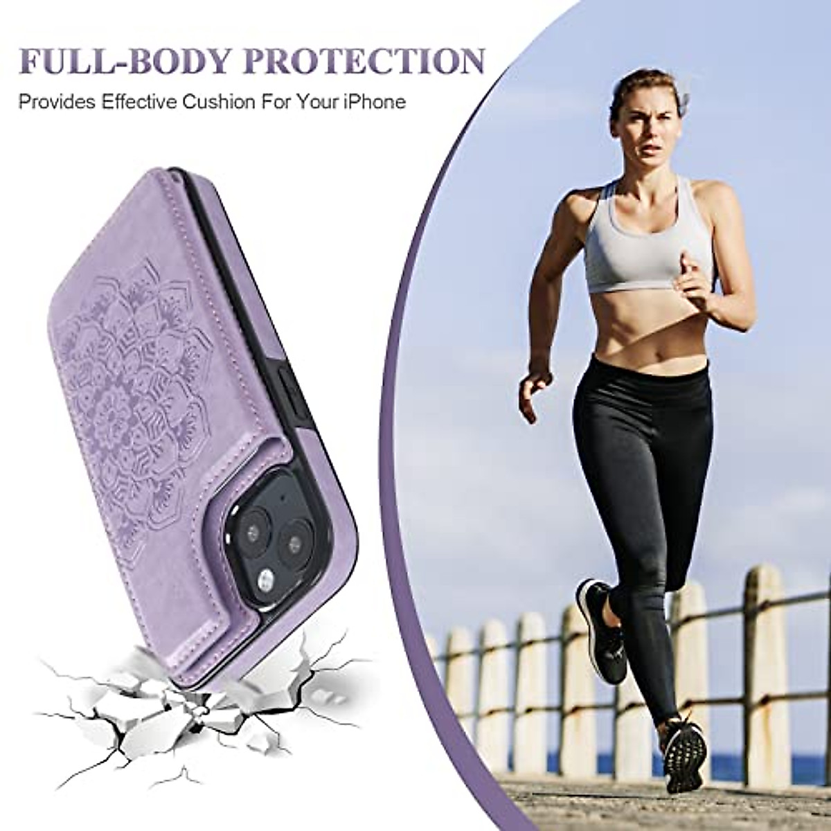 JAROIE Wallet Case for iPhone 13 with 3 Card Slots Embossed Mandala Pattern Flowers Magnetic Buttons Flip Faux Leather Cover Shockproof 2021 6.1 Inch (Purple)