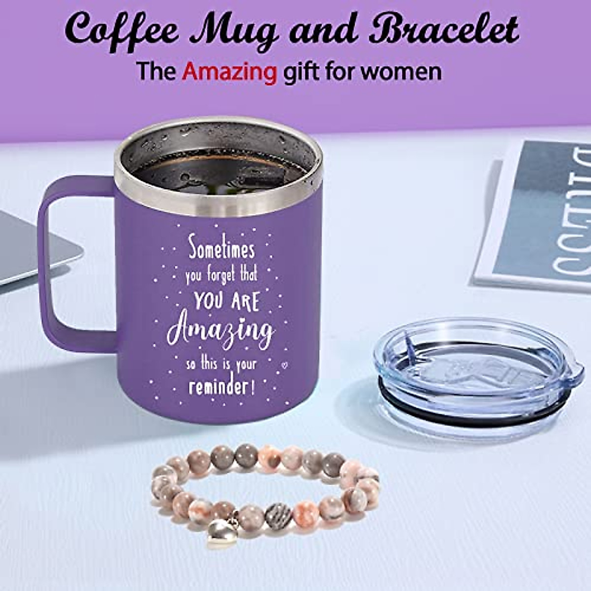 Inspirational Mug for Women, Encouragement Cheer Up Gift, Motivation Gifts for Daughter Wife Friend Girlfriend Birthday, Purple Gift, 12oz Coffee Mug And Natural Stone Bracelets Set