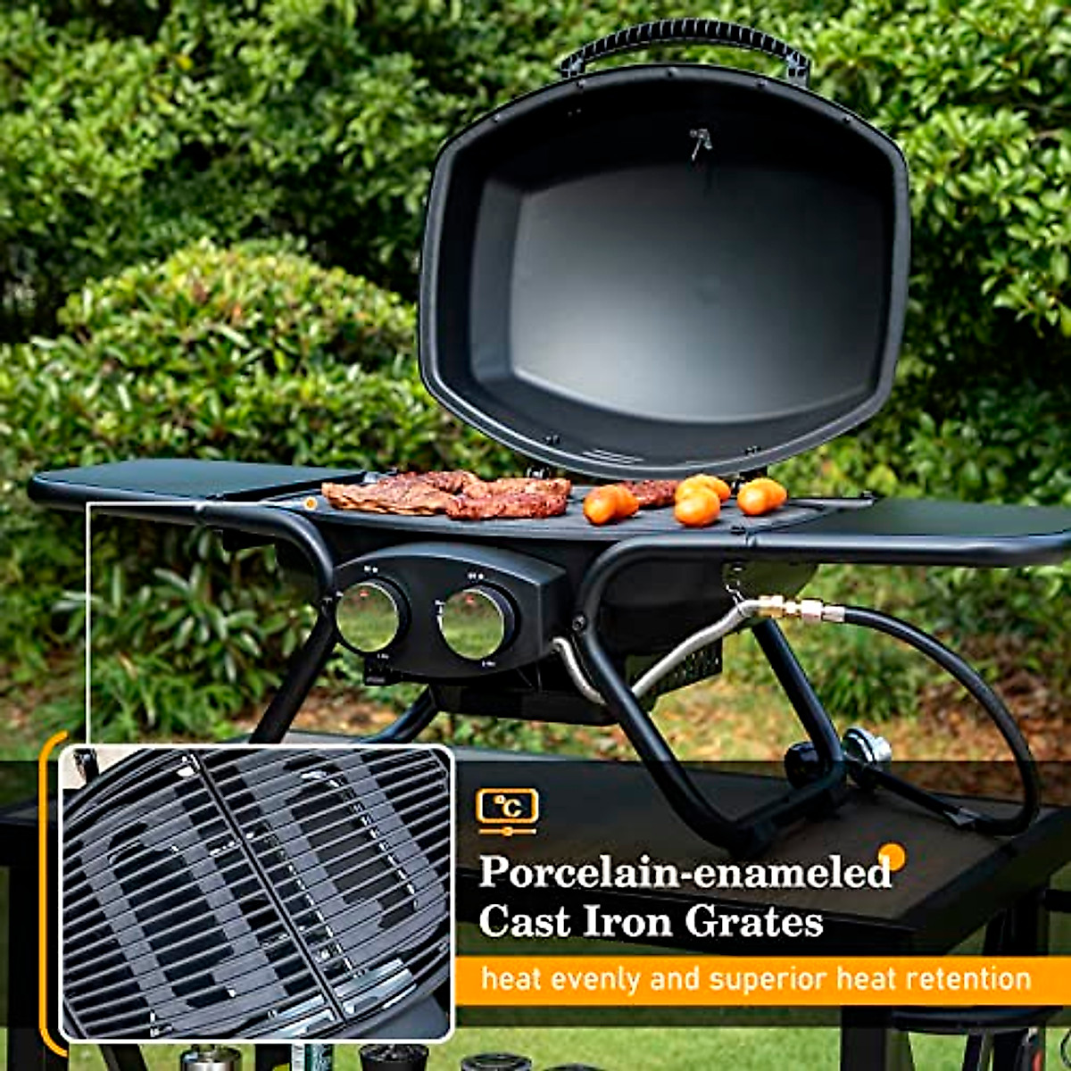 Sophia & William Portable Propane Gas Grill Outdoor Tabletop Small BBQ Grills (275 SQ.IN. Cooking Area) for Camping, Tailgating, RV Road Trips, 2 Burner 15,000BTU & Porcelain-Enameled Cast Iron Grates