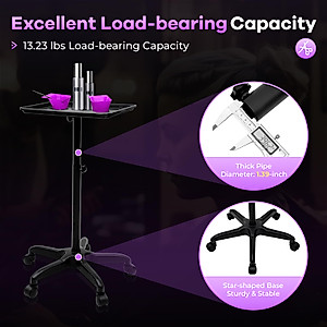 Rolling Salon Tray,Aluminum Trolley Cart Equipment on Wheels & Adjustable Height（28"-44"） for Dental Carts Hairdresser Cart