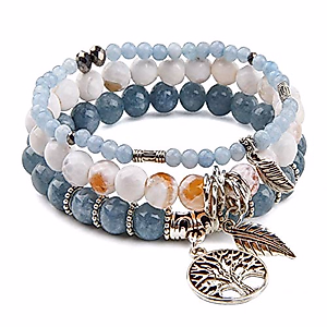 Tree of Life Turquoise Jasper & Tibetan Agate Gemstone Chakra Beaded Bracelet | Beach Charm Bracelet Set - Ocean Jewelry…