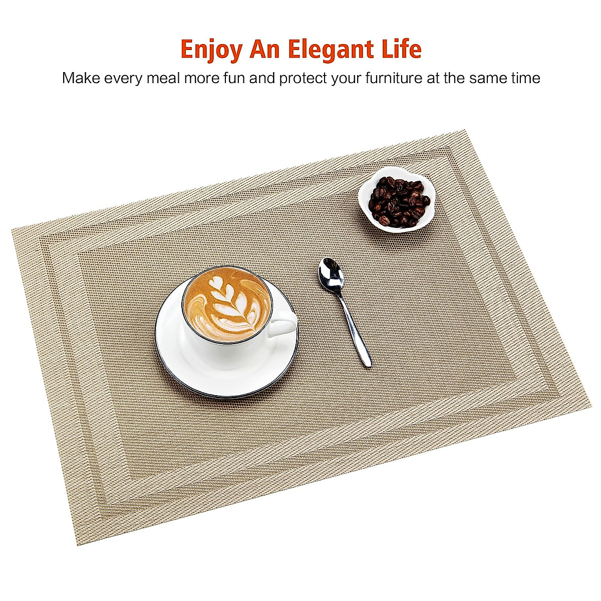 Bxzandya Placemats Set of 8,Washable,Heat and Stain Resistant Indoor/Outdoor Place mats, Vinyl Woven Non Slip Table Mats for Restaurant Table Protection, PVC Table Placemats.(Beige, 8PCS)