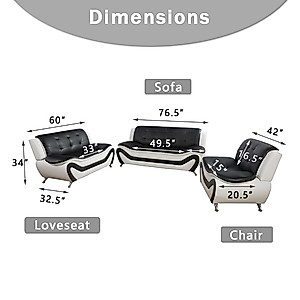 JFlove Modern Leather Sofa Set, Sectional Couches in Faux Leather - A-Leather Black&White, Living Room Furniture for 6 Seater, Includes Sofa, Loveseat, Chair
