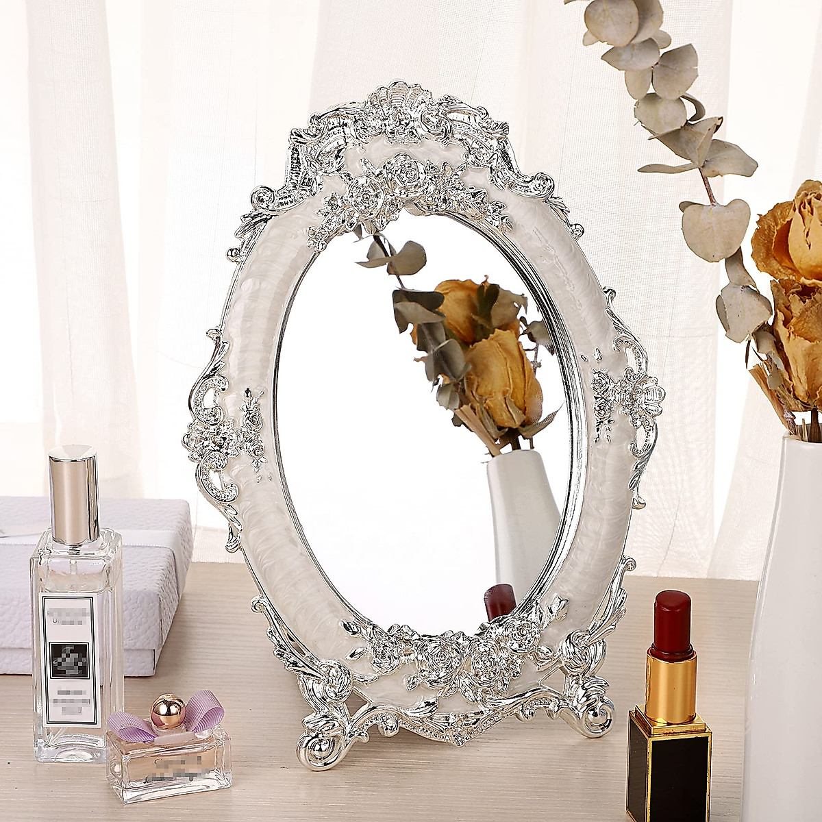 JUXYES Small Tabletop Dressing Mirror Vintage Metal Desktop Mirror with Stand, Antique Embossed Roses Countertop Makeup Mirror Retro Oval Cosmetic Decorative Mirrors for Table Centerpieces