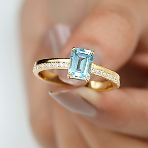 Rosec Jewels Natural Sky Blue Topaz Solitaire Engagement Ring with Diamond | 2.25 CT | AAA Quality, 14K Yellow Gold, Size:US 11.00