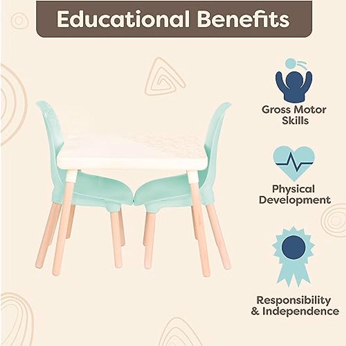 B. toys- B. spaces- Table and Chair Set- Furniture For Toddlers- 1 Craft Table & 2 Chairs- Natural Wooden Legs- Mint- 3 years +