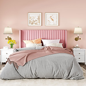 Allewie Full Size Velvet Bed Frame/Vertical Channel Tufted Wingback Headboard/Upholstered Platform Bed/Strong Wooden Slats/No Box Spring Needed/Easy Assembly/Pink