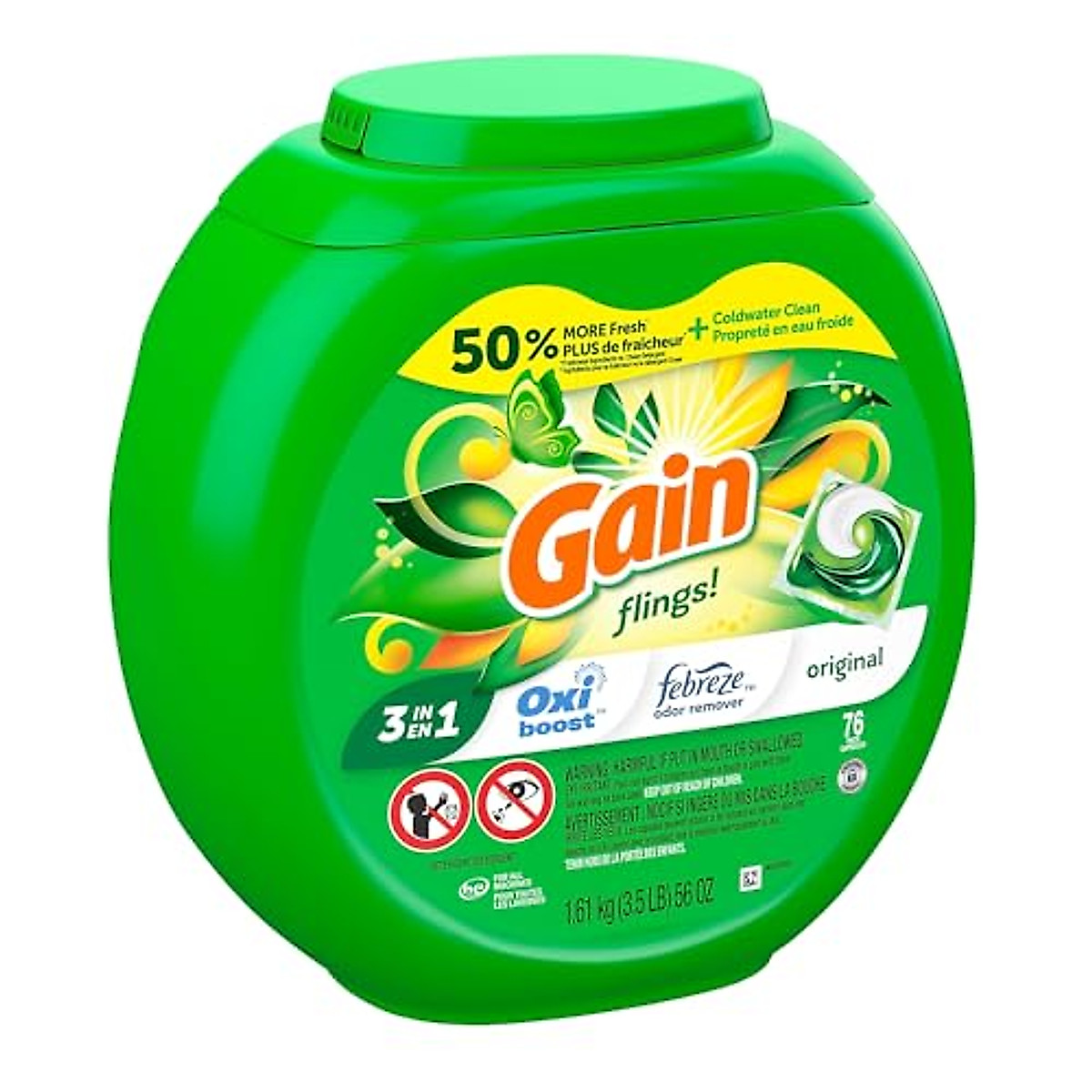 Gain flings Laundry Detergent Soap Pacs HE Compatible Long Lasting Scent, Original Scent, 76 Count