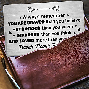 Inspirational Quote Gift for Women Men, Always Remember You are Braver Than You Believe Never Give Up Quote Wallet Card Engraved Wallet Insert Gifts for Birthday Graduation Christmas