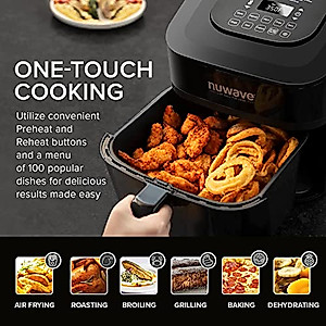 NUWAVE Brio 8-Qt Air Fryer, Powerful 1800W, Easy-to-Read Cool White Display, 50°-400°F Temp Controls, 100 Pre-Programmed Presets & 50 Memory Slots, Integrated Smart Thermometer, Linear T Technology