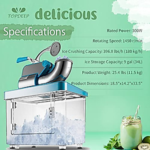 Topdeep Commercial Ice Crusher, 110V Electric Snow Cone Machine ETL Approved, 440LBS/H Snow Cone Maker with Dual Blades, Stainless Steel Shaved Ice Machine or Home and Commercial Use