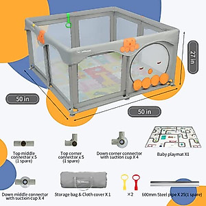 Addweet Baby Playpen for Babies and Toddlers, Cartoon Large Play Yard for Baby with Mat, Safety Playpen for Baby, Baby Play Area Indoor & Outdoor, Octopus, 50”×50” (Grey)