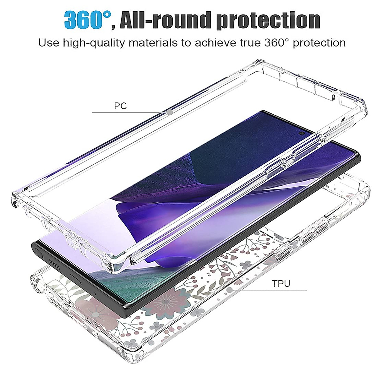Zoeirc Case for Galaxy Note 20 Ultra 5G, Samsung Note 20 Ultra Clear Case, TPU 360 Full Body Shockproof Hybrid Bumper Crystal Clear Phone Case Cover for Samsung Galaxy Note 20 Ultra (Floral Prints)