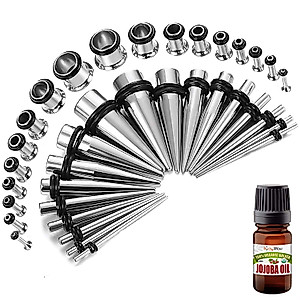 BodyJ4You 38PC Gauges Kit Ear Stretching Jojoba Oil Wax 14G-00G Surgical Steel Tunnel Plug Taper Set