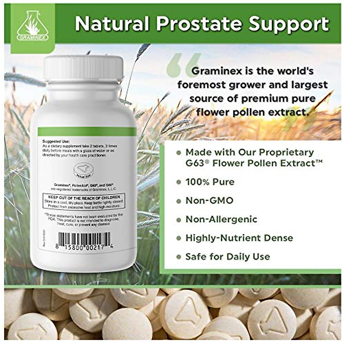 Graminex PollenAid Prostate Supplement: All Natural Prostate Support for Bladder Control & Urinary Tract Health, Rye Pollen Extract Made in USA, 200 Tablets (Pack of 2)