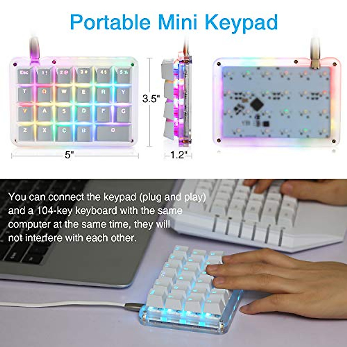 Koolertron One Handed Macro Mechanical Keyboard, Portable Mini One-Handed Mechanical Gaming Keypad 23 Fully Programmable Keys (RGB Backlit/Blue switches)