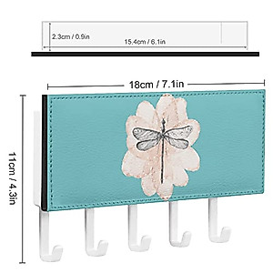 Dragonfly Pink Flower PU Leather Wall Mounted Key Hook Organizer Hanging Key Holder Decoration