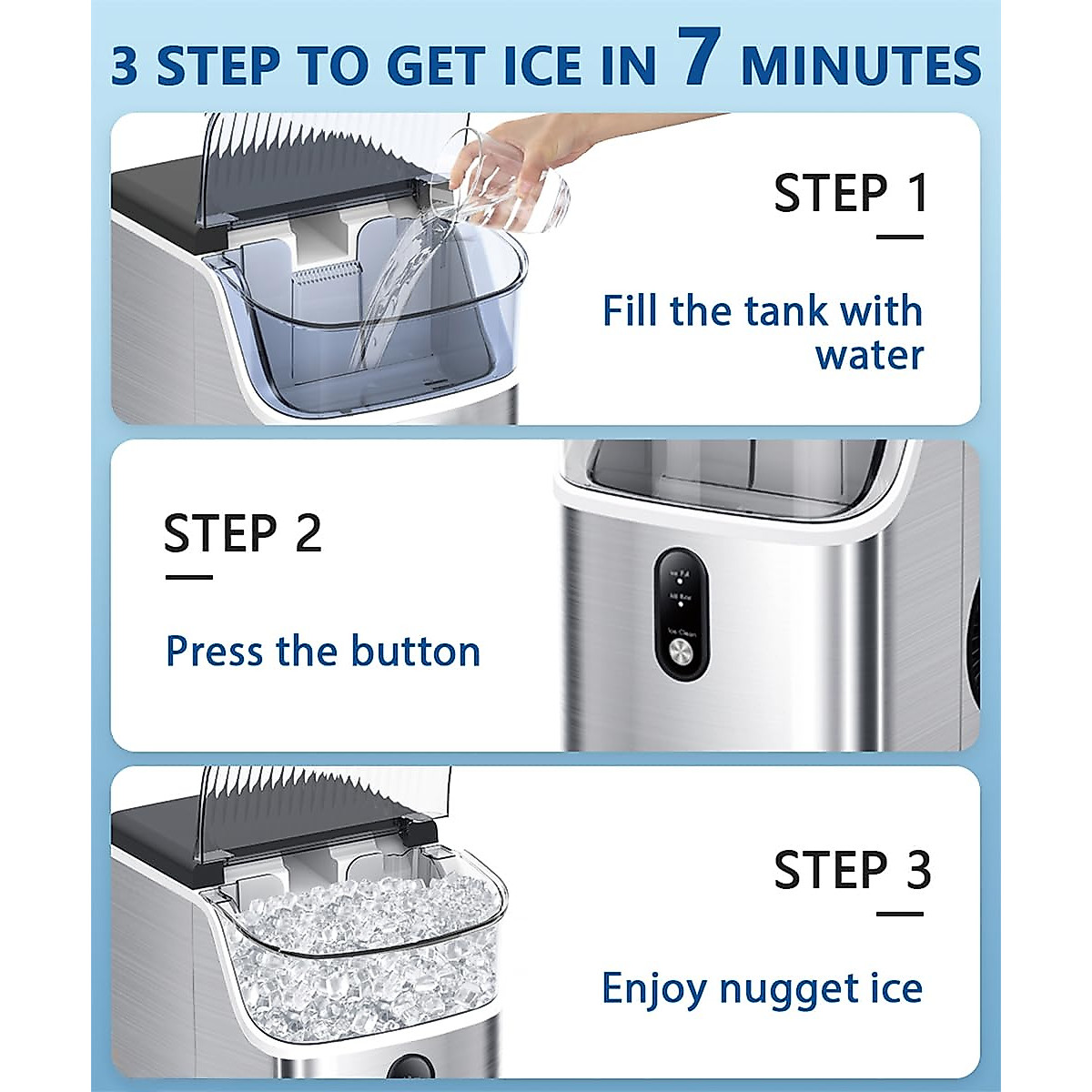 Joy Pebble Nugget Ice Maker Countertop, 10,000pcs/33lbs/Day, Portable Nugget Ice Maker Machine with Handle, Self-Cleaning, Handheld Ice Maker, Stainless Steel